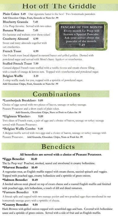 Menu at Le Peep restaurant, Evanston, 827 Church St