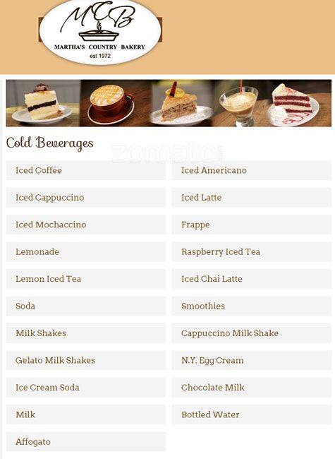 Martha's Country Bakery Menu - Urbanspoon/Zomato