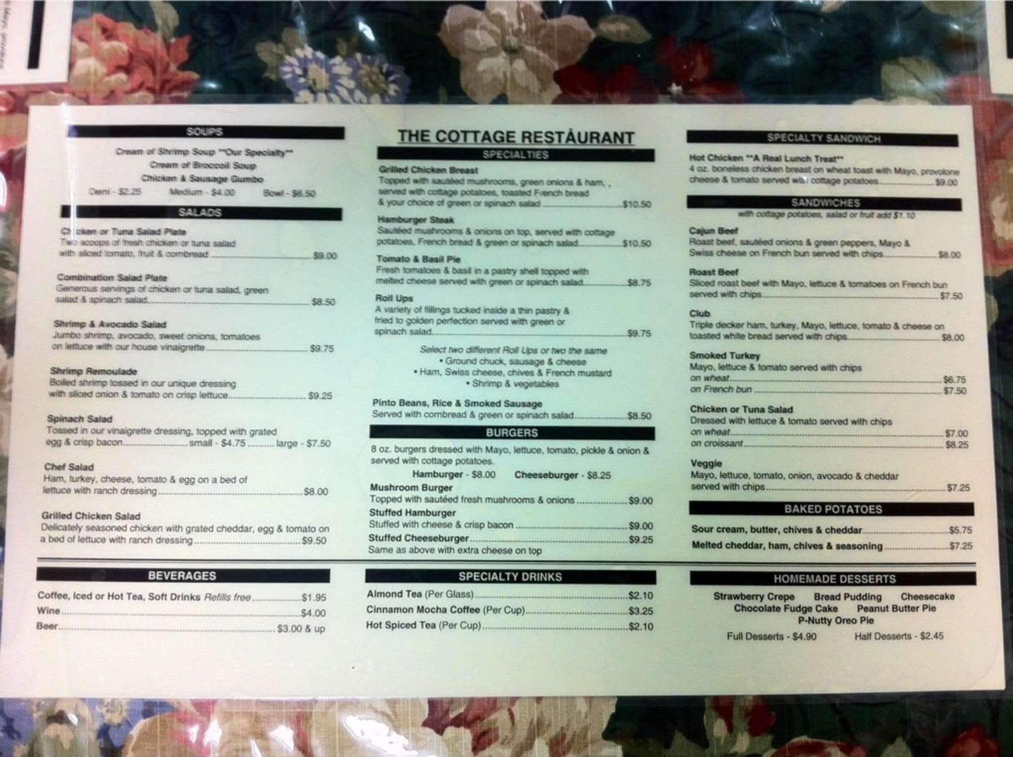 Menu at Cottage Restaurant, Alexandria