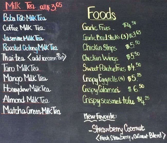 Menu at Boba Pub, San Jose