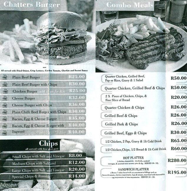 Menu at Chatter's Restaurant, Nelspruit