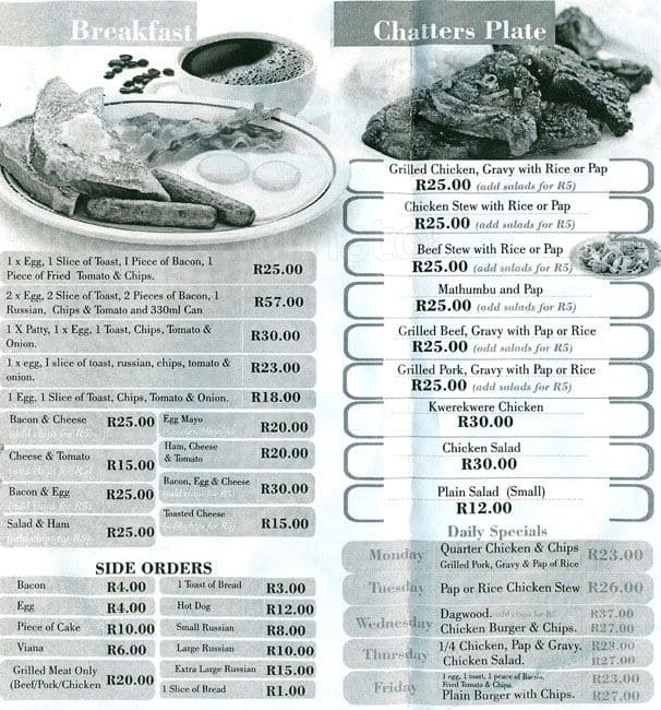 Menu at Chatter's Restaurant, Nelspruit