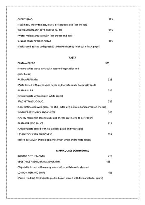 Menu at Adam’s Ale, Indore