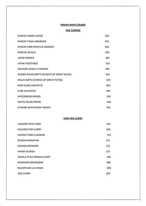 Menu at Adam’s Ale, Indore