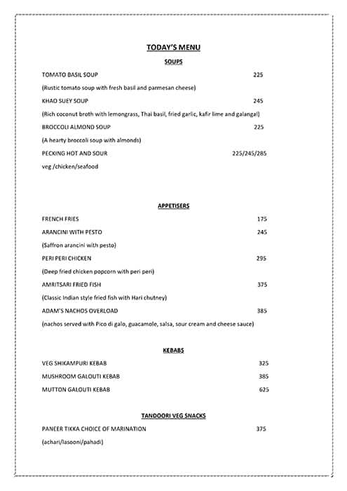 Menu at Adam’s Ale, Indore