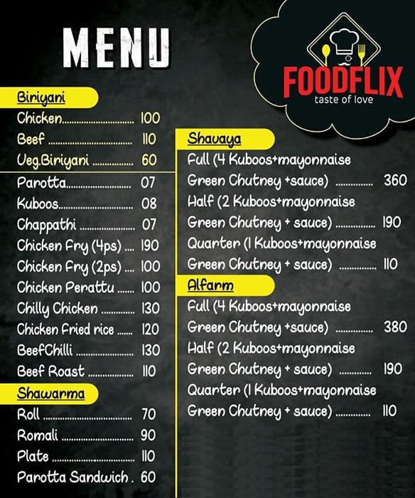 Menu of Food Flix, Kovalam, Trivandrum