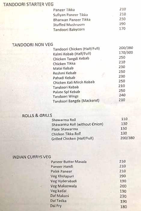 Menu of Palate Restaurant, Kanakapura Road, Bangalore