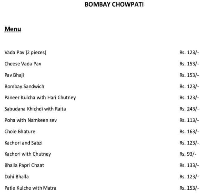 Menu of Bombay Chowpati, Sector 72, Noida