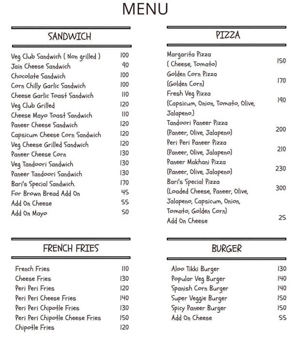 Menu of Bari's Cafe, Undri, Pune