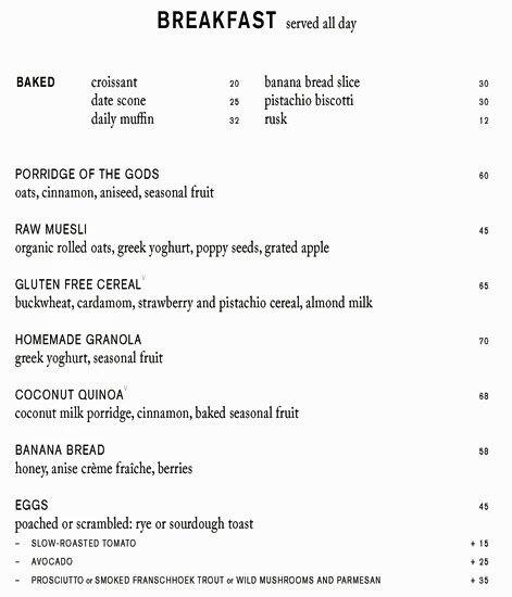 Menu au Skinny Legs Luxury Cafe, Le Cap