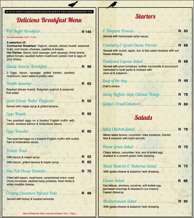 Menu at Rockafellas Cafe', Cape Town