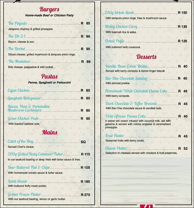 Menu at Rockafellas Cafe', Cape Town