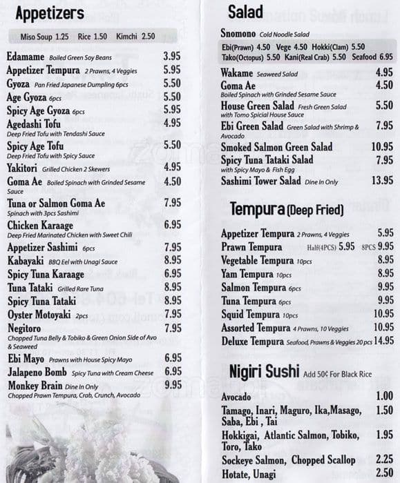 Menu at Tomo Sushi restaurant, Langley Township