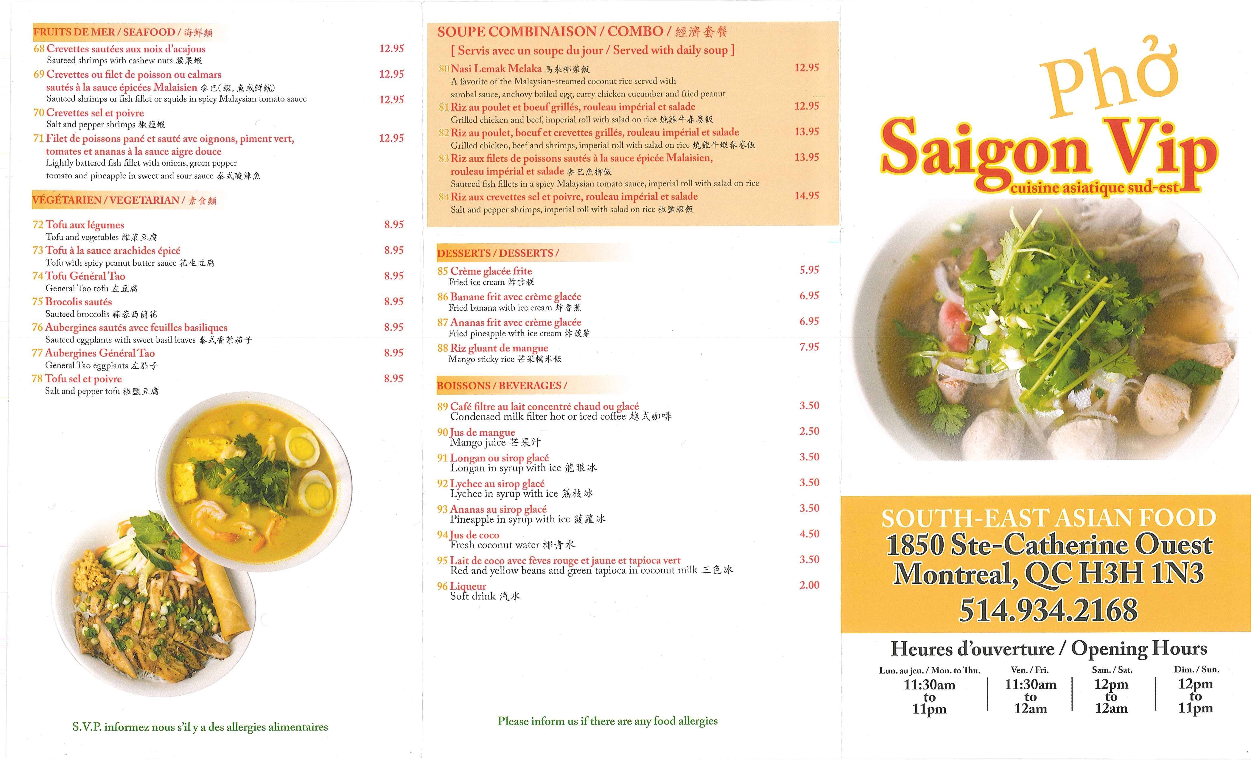 Menu at Saigon VIP restaurant, Montreal