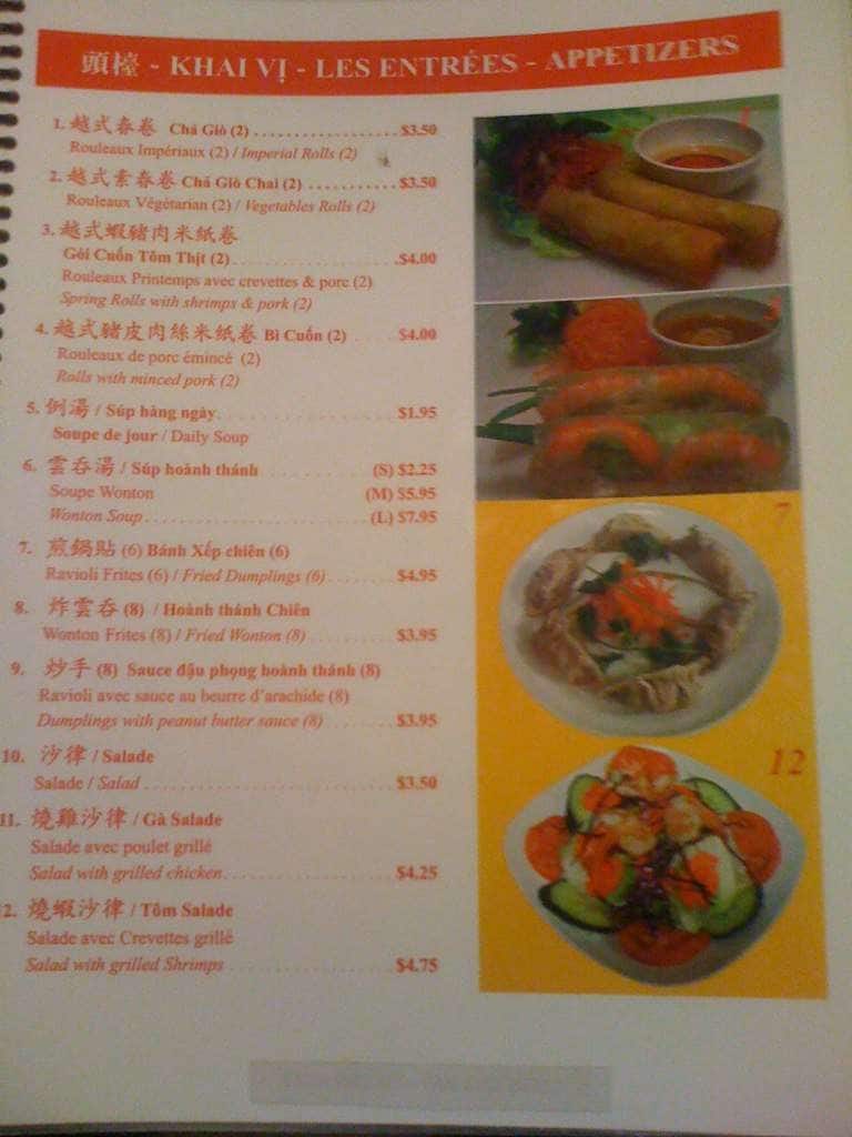 Menu at Saigon VIP restaurant, Montreal