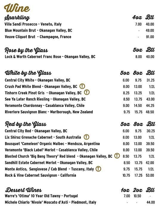 Menu at Central City Brew Pub, Vancouver