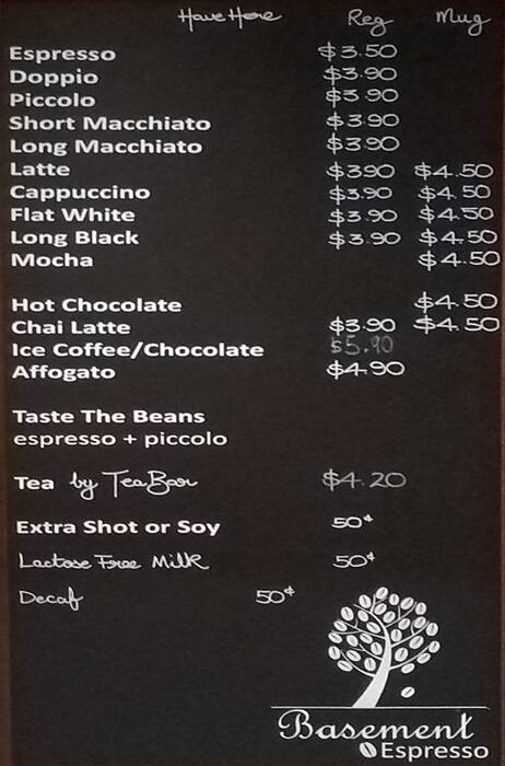 Menu at Basement Espresso Cafe, East Melbourne