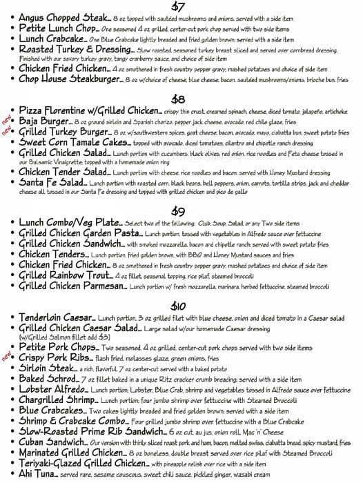 Menu at The Chop House steakhouse, Lexington