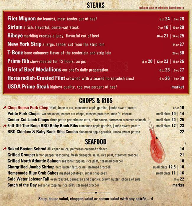 Menu at The Chop House steakhouse, Lexington