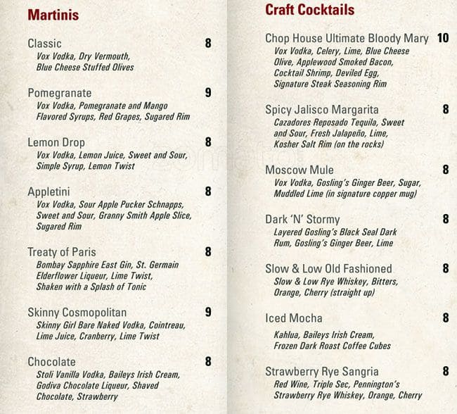 Menu at The Chop House steakhouse, Lexington