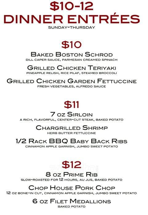 Menu at The Chop House steakhouse, Lexington