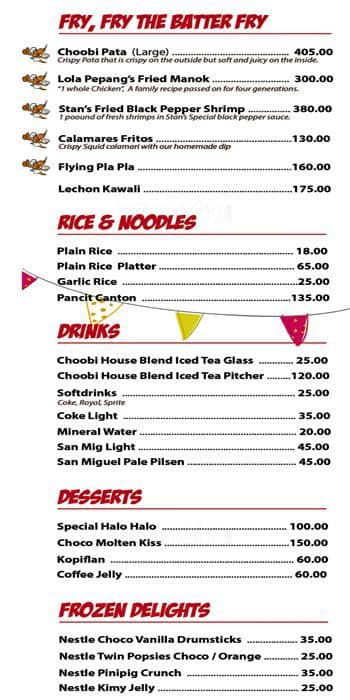 Menu at Choobi Choobi restaurant, Cebu City, A. Climaco Street