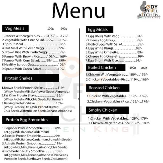 Menu of Body Fuel Kitchen, Press Complex, Indore