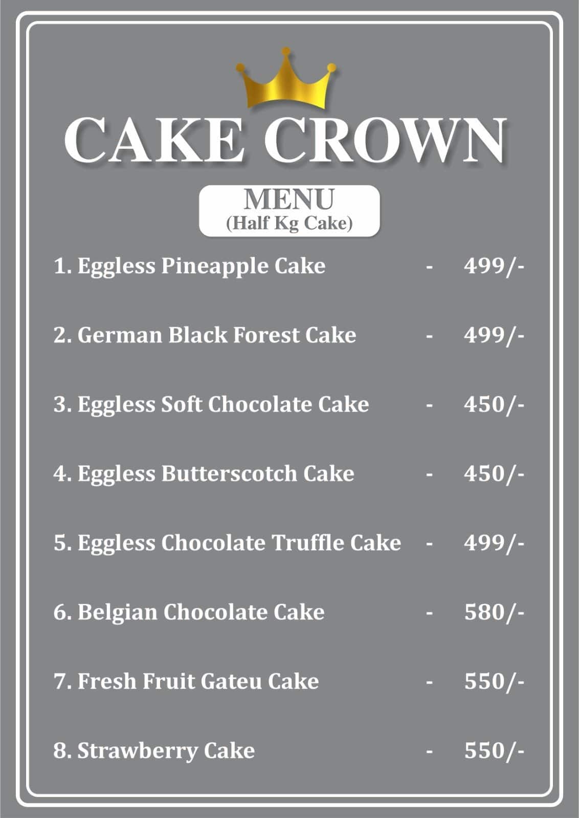 Menu of Cake Crown, Indirapuram, Ghaziabad