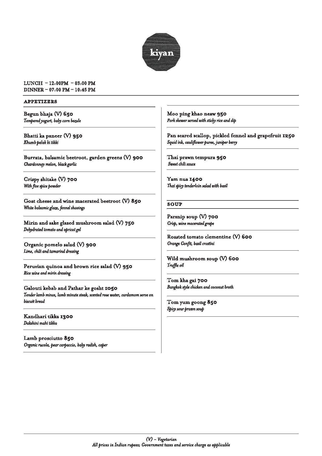 Kiyan - The Roseate Menu, Menu for Kiyan - The Roseate, Kapashera, New ...