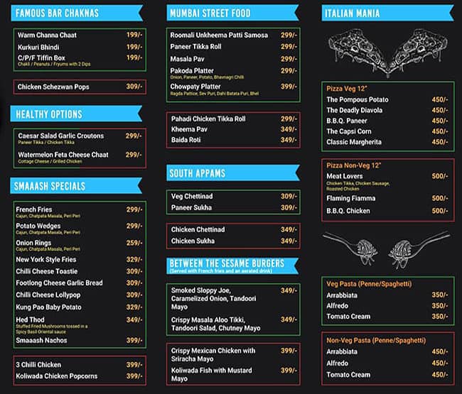 Menu of Smaaash, Lower Parel, Mumbai