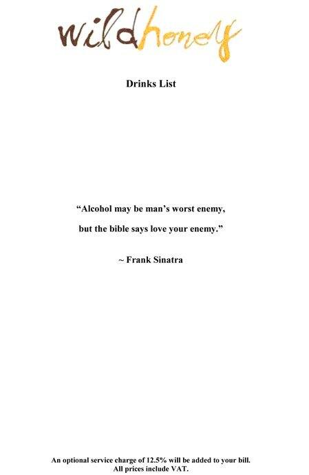 Menu at Wild Honey restaurant, London