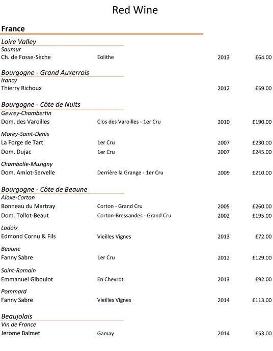 Menu at Wild Honey restaurant, London