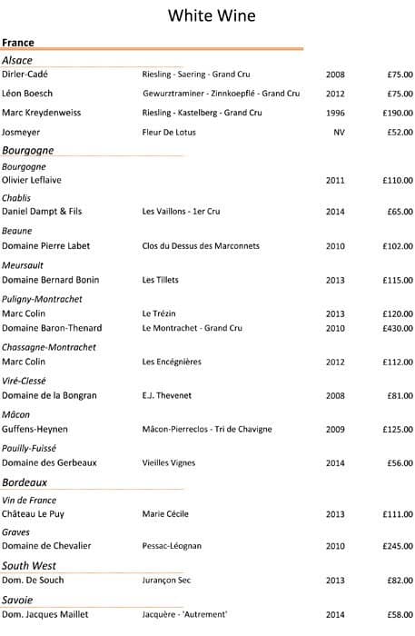 Menu at Wild Honey restaurant, London