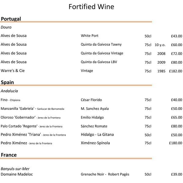 Menu at Wild Honey restaurant, London