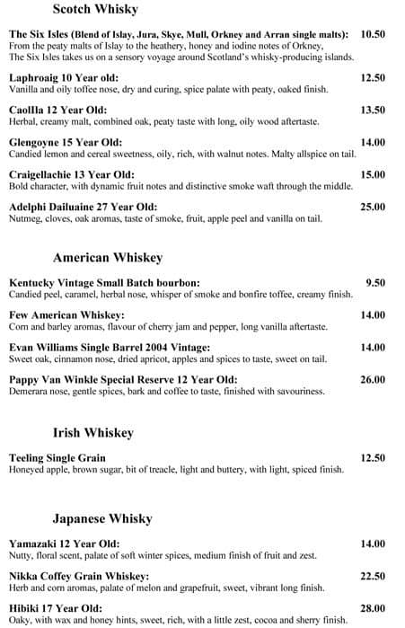 Menu at Wild Honey restaurant, London