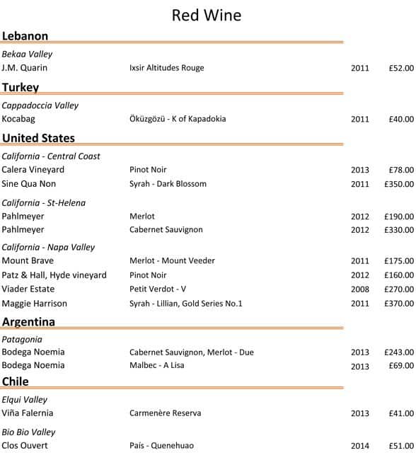 Menu at Wild Honey restaurant, London
