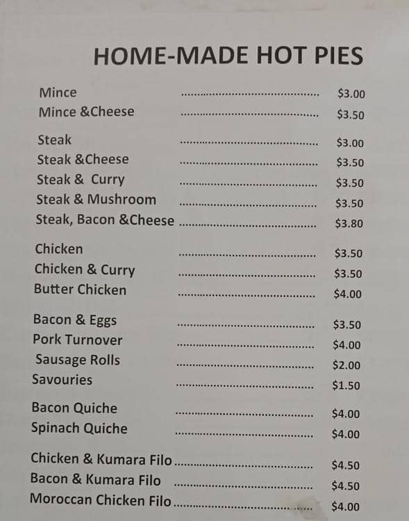 Menu at Dominion Bakery, Auckland, Dominion Rd