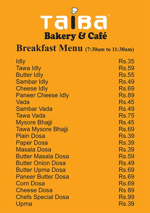 Menu at Taiba Bakery and Cafe, Hyderabad, Biological Institute Rd