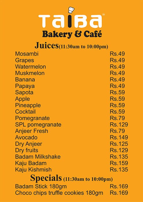 Menu at Taiba Bakery and Cafe, Hyderabad, Biological Institute Rd