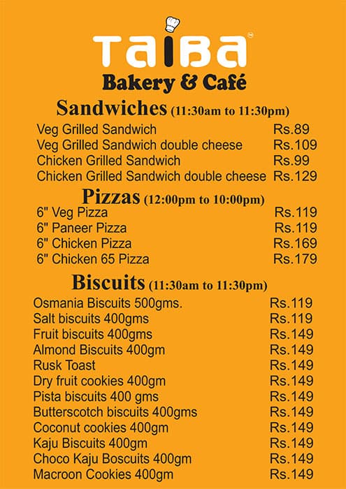 Menu at Taiba Bakery and Cafe, Hyderabad, Biological Institute Rd