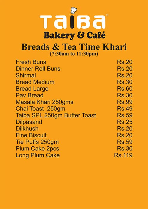 Menu at Taiba Bakery and Cafe, Hyderabad, Biological Institute Rd