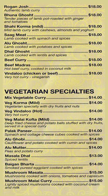 Menu at Bedi's Indian Restaurant, South Melbourne