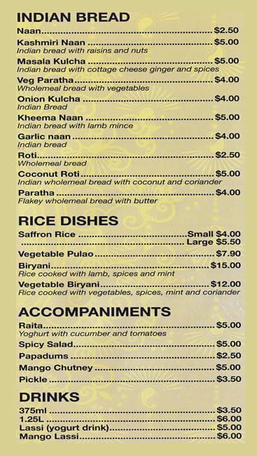 Menu at Bedi's Indian Restaurant, South Melbourne
