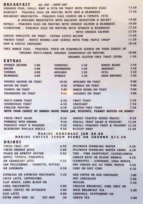 Marios Cafe Menu, Menu for Marios Cafe, Fitzroy, Melbourne - Urbanspoon ...