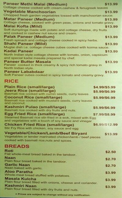 Menu at Aroma Indian Cuisine restaurant, Epping