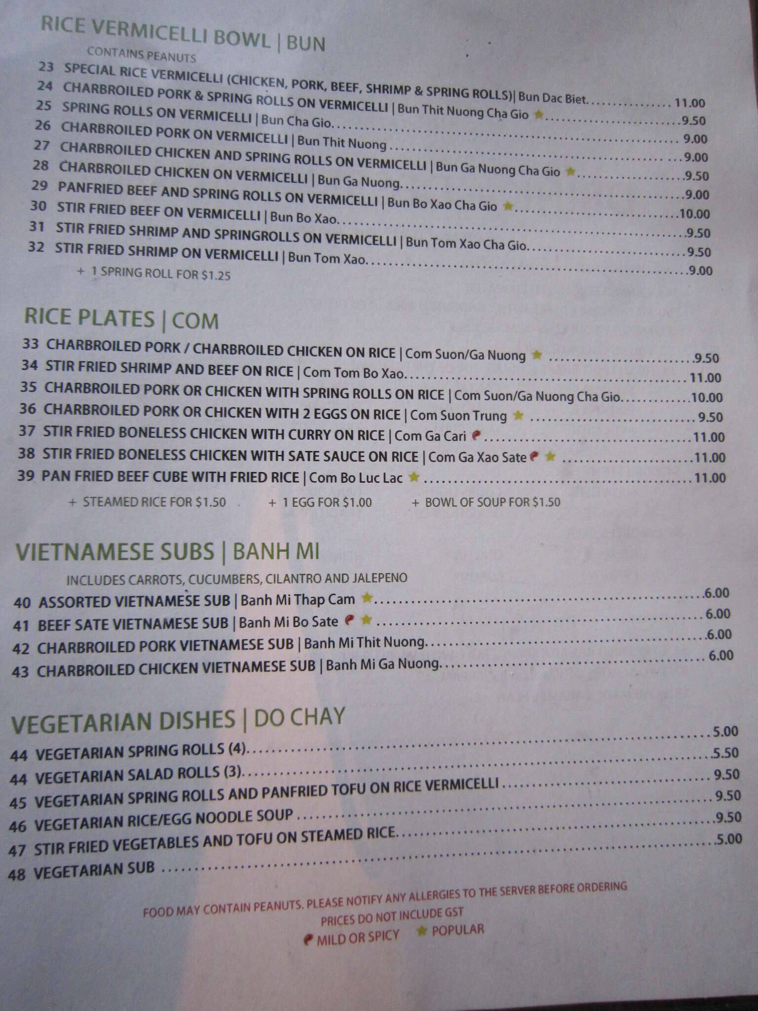 Carta del restaurante Pho Ngon Vietnamese Cuisine, Calgary