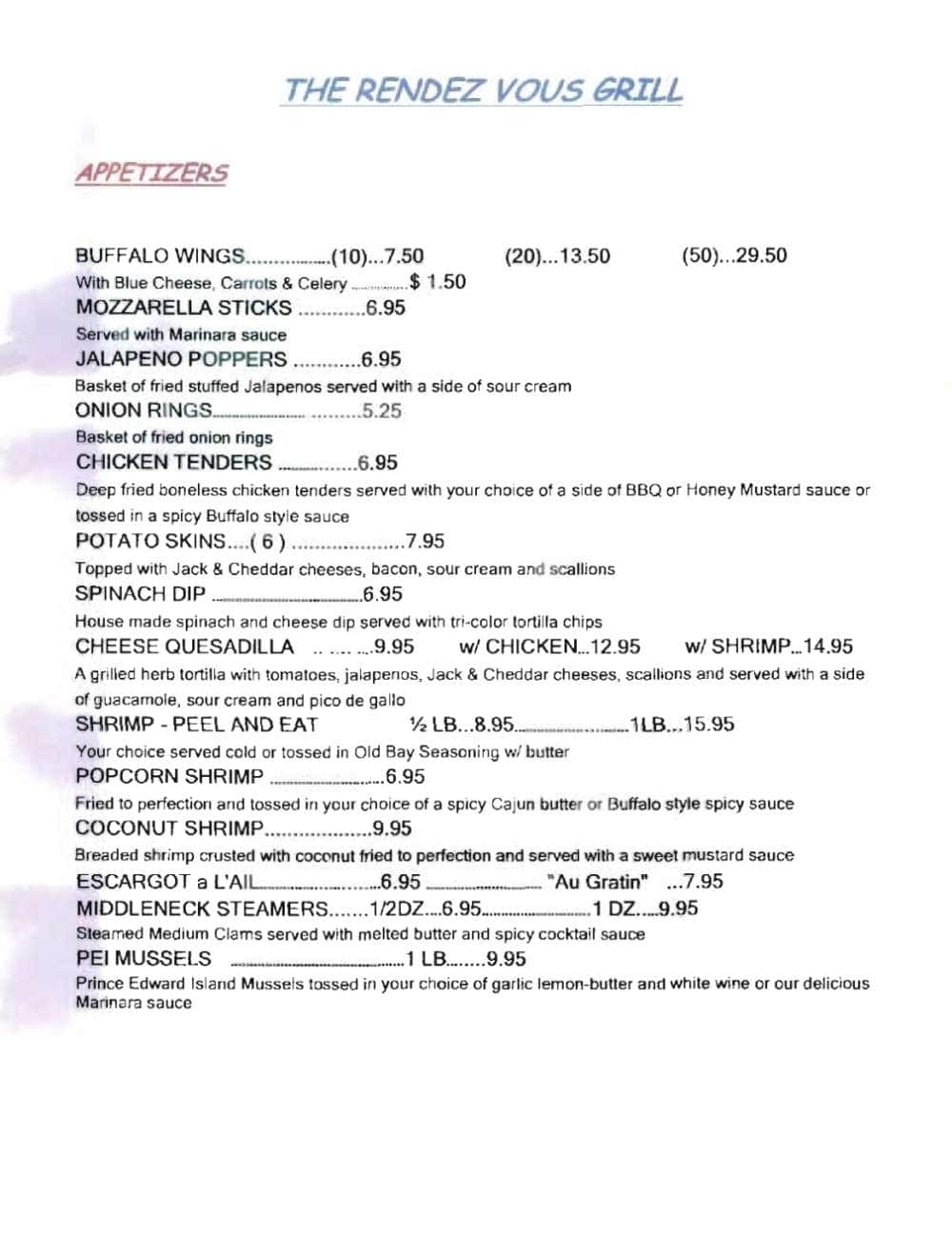 Menu at The RendezVous Bar and Grill, Hollywood