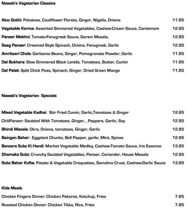 Menu at Nawab Indian Cuisine restaurant, Roanoke