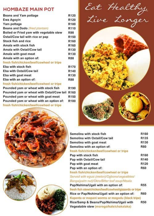 Menu at Hombaze African Cuisine restaurant, Pretoria, 779 Francis Baard St