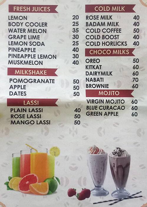 Menu of Juz A Sip, Medavakkam, Chennai